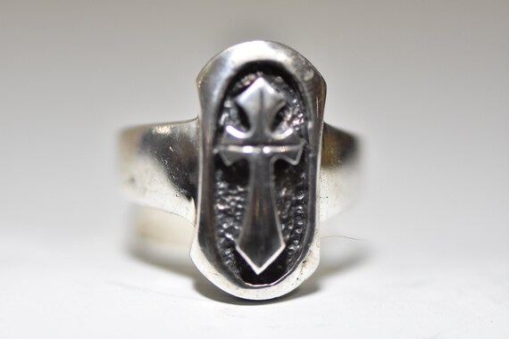 Cross Ring biker band religious sterling silver men w… - Gem