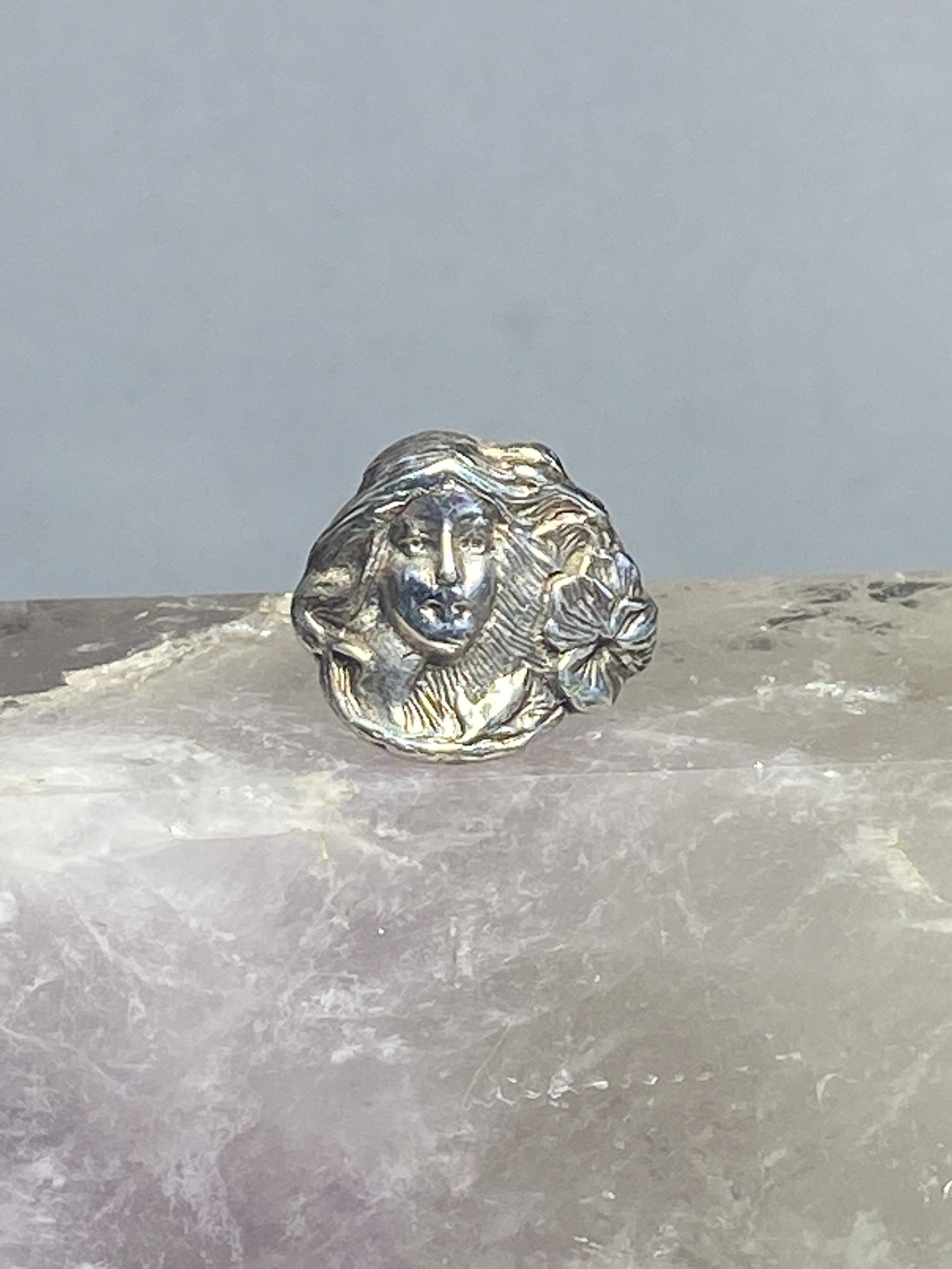 Lady Face Ring Art Deco Flower Floral Sterling Silver Women - Etsy