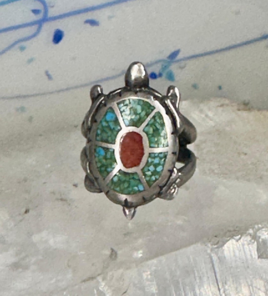 Turtle Ring Navajo Turquoise Coral Chips Band Size 6.75 Sterling Silver ...