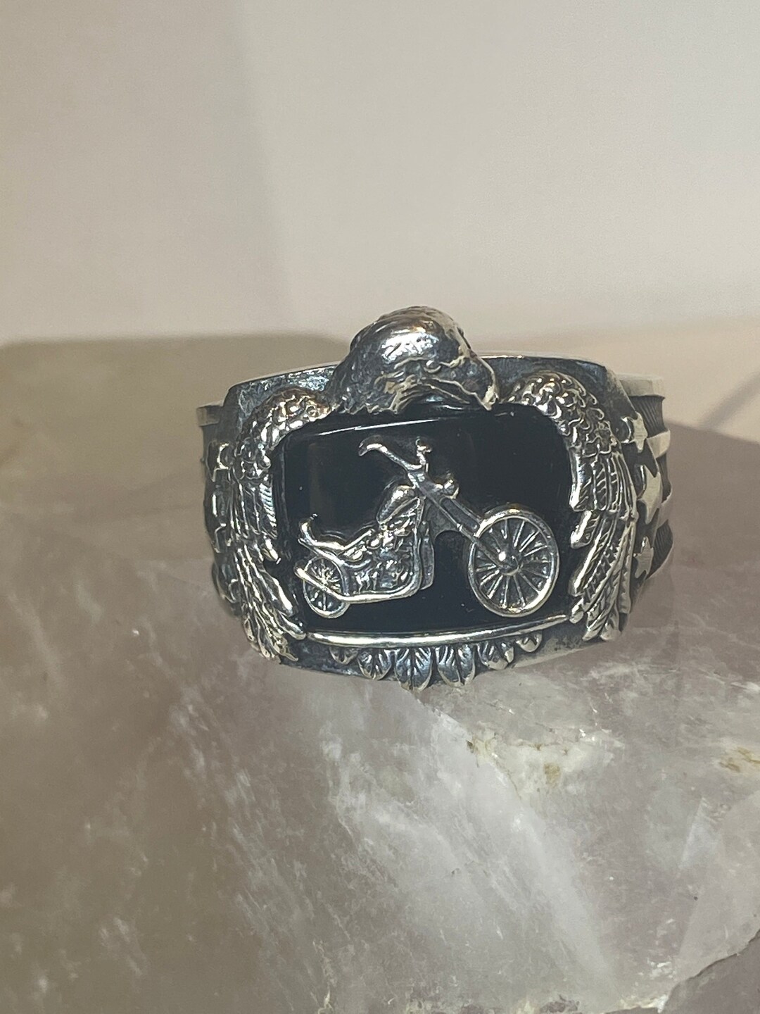 Motorcycle Ring Biker BGE Onyx Eagle Wings Band Stars Sterling Silver ...