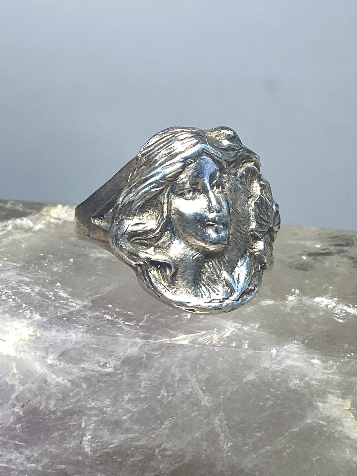 Lady Face Ring Art Deco Flower Floral Sterling Silver Women - Etsy