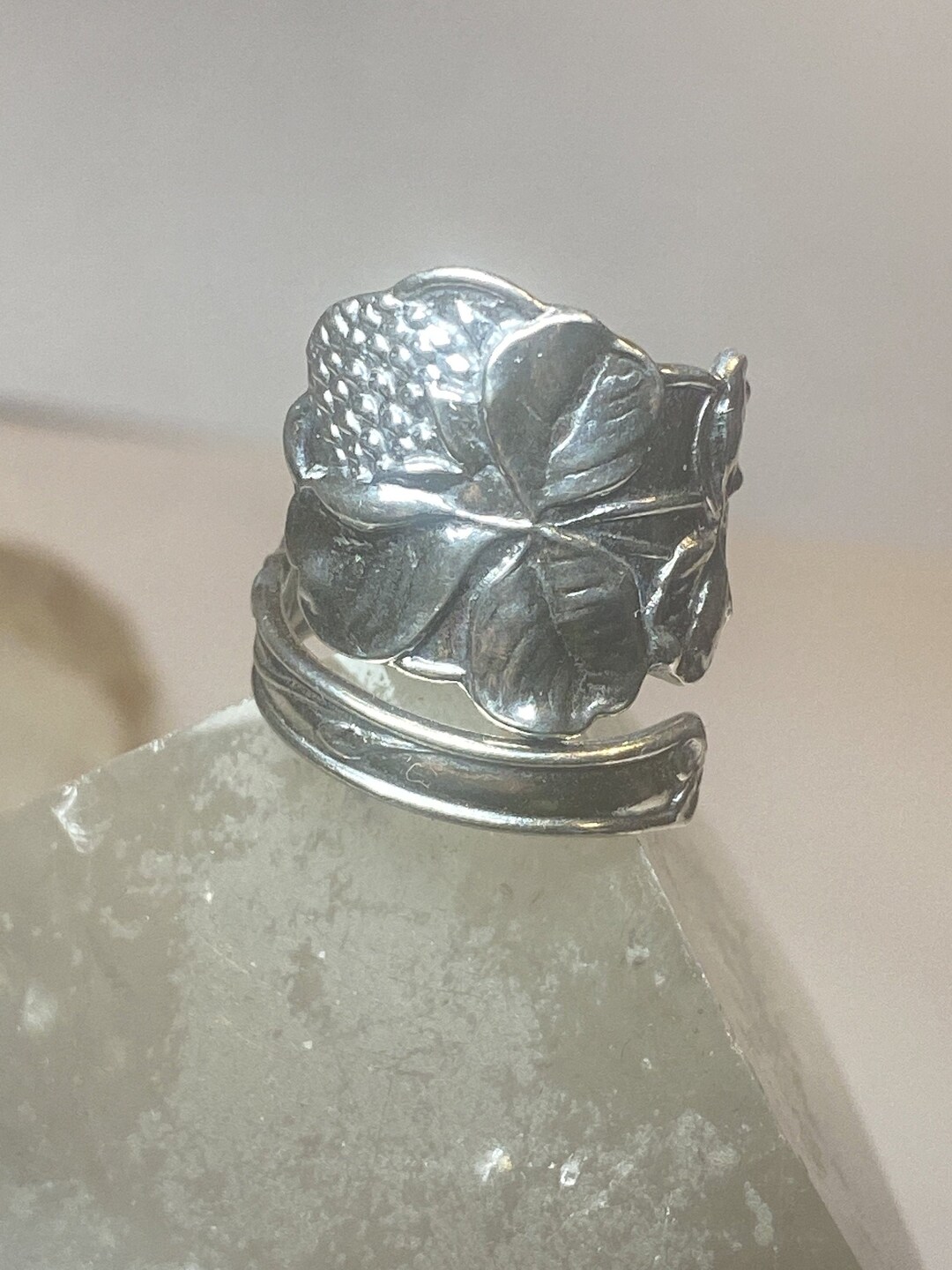 Sterling Silver Four Leaf Clover Spoon Ring - Floral Good Luck Band ...