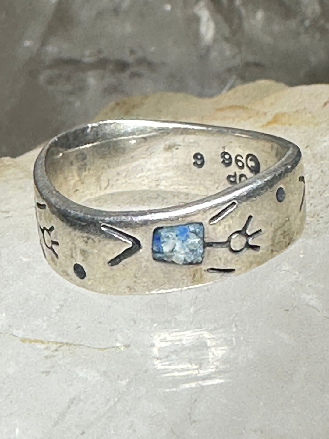 Figurative Ring Size 6 Happy Stick Figure Band Blue Stone Inlay ...