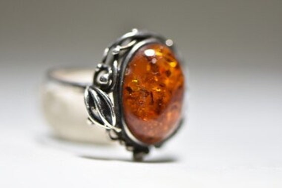 Amber Ring Art Nouveau Floral Sterling Silver Women G… - Gem