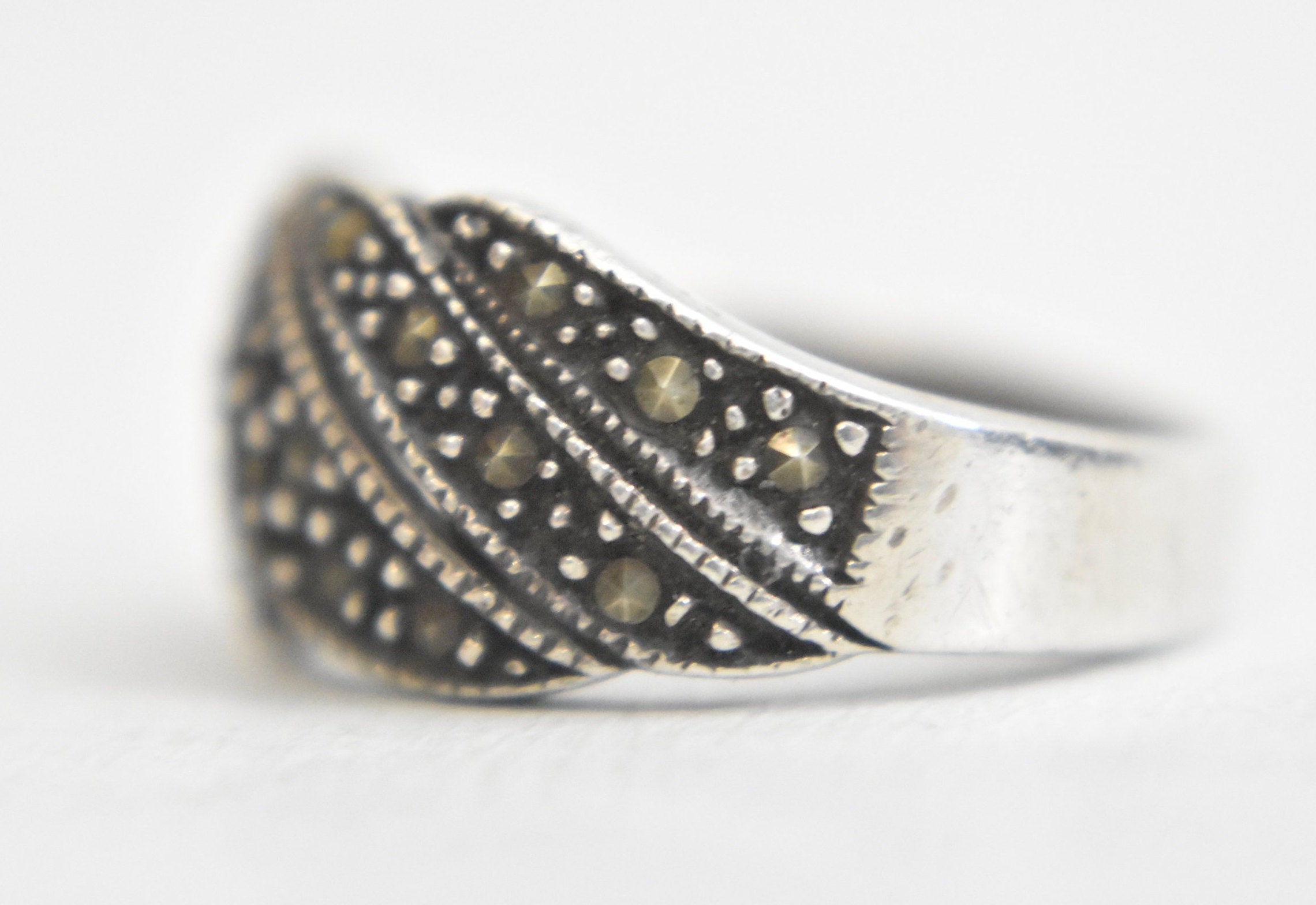 Flower Leaf Ring Marcasite Cigar Band Art Deco Sterling Silver Thumb ...