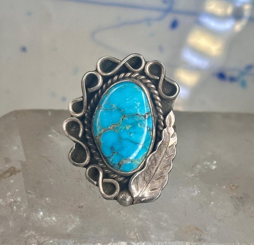 Turquoise Ring Navajo Feather Leaf Size 9.75 Sterling Silver Women - Etsy