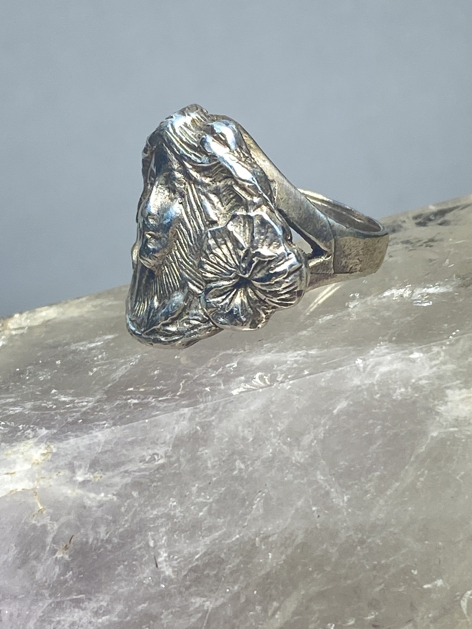 Lady Face Ring Art Deco Flower Floral Sterling Silver Women - Etsy