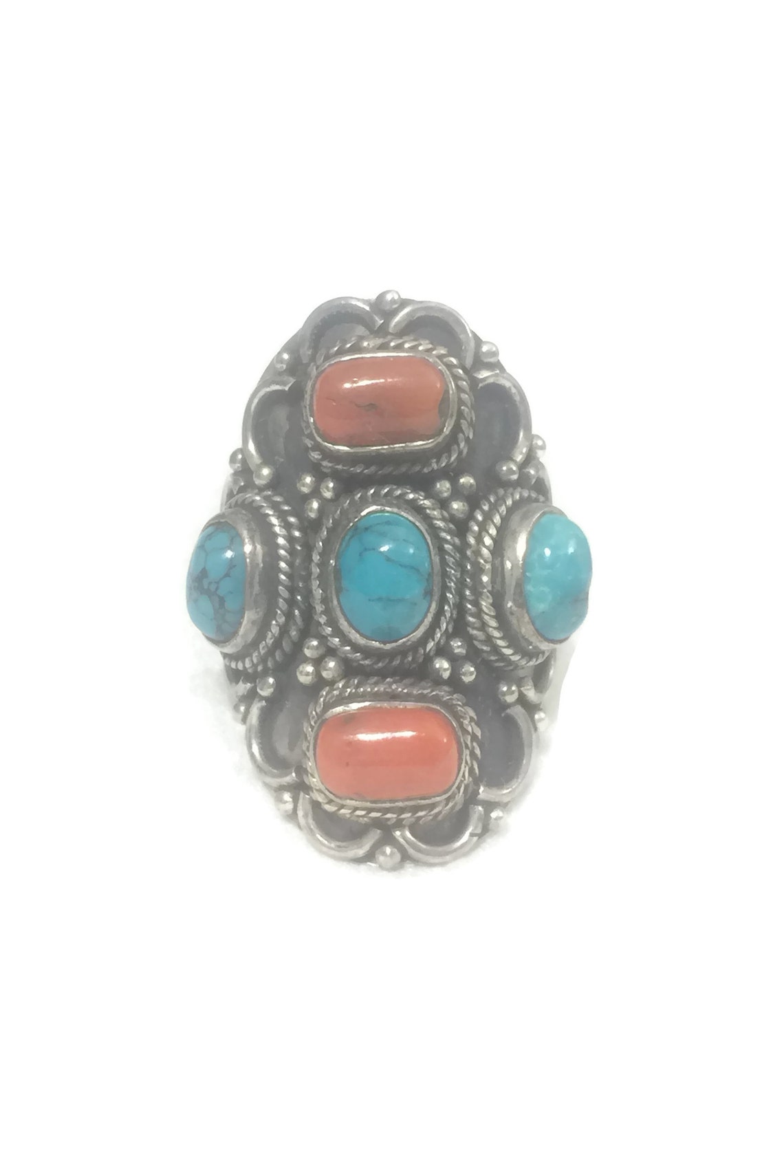 Long Turquoise Ring Turquoise Coral Ring Size 8 Women Tribal - Etsy