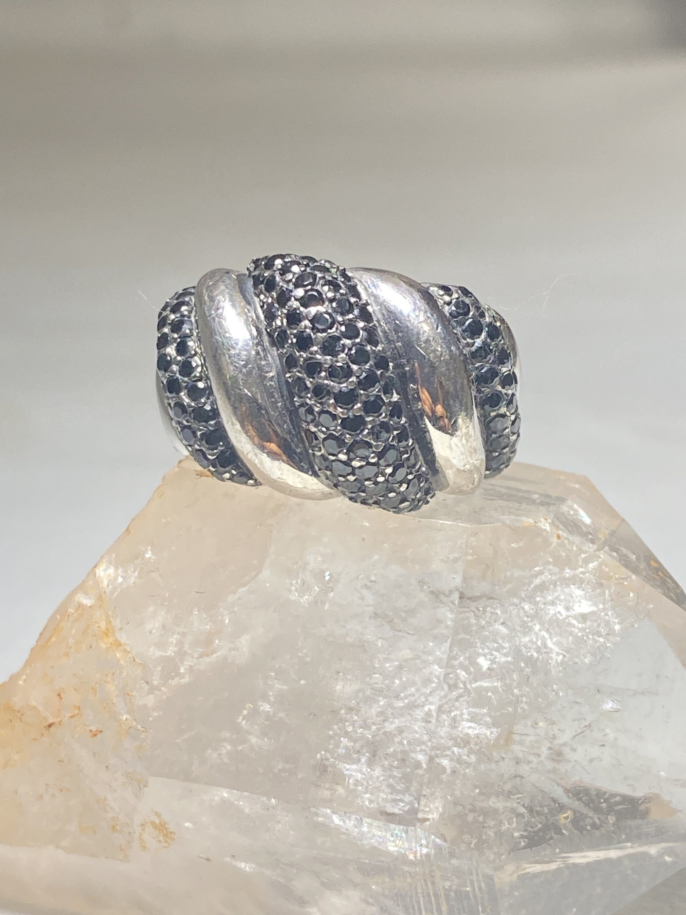 Chunky Ring Dome Black Crystals Fluted Band Sterling Silver Women Size ...