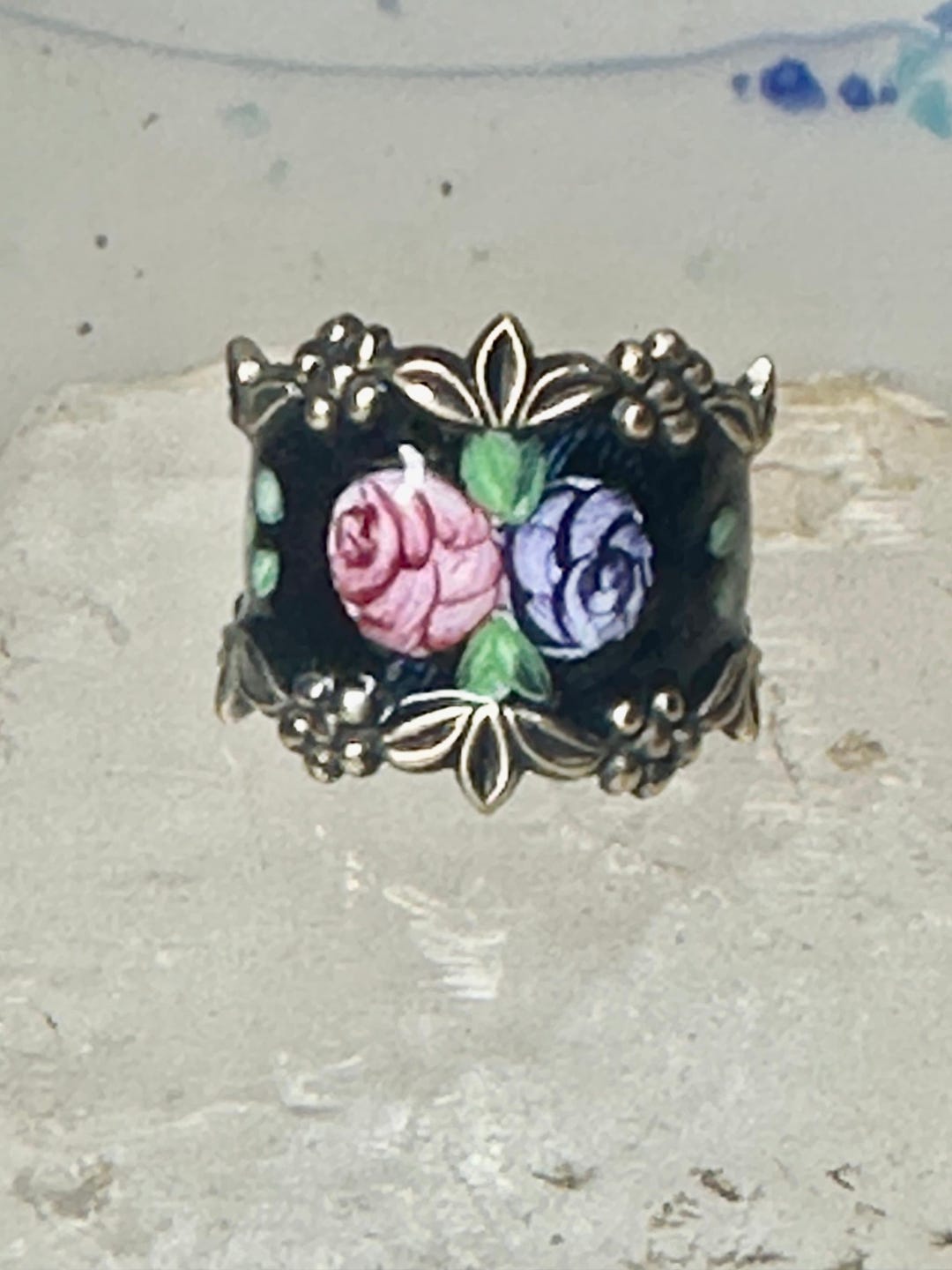 Guilloche Ring Rose Floral Leaves Flowers Band Size 6.7 Sterling Silver ...