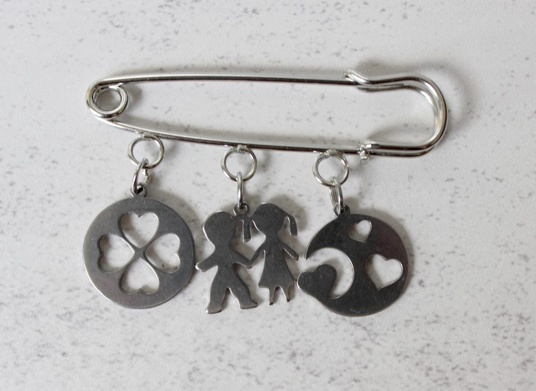 Decorative Safety Pin. Family Theme Charms. Silver Tone Charms Pin ...