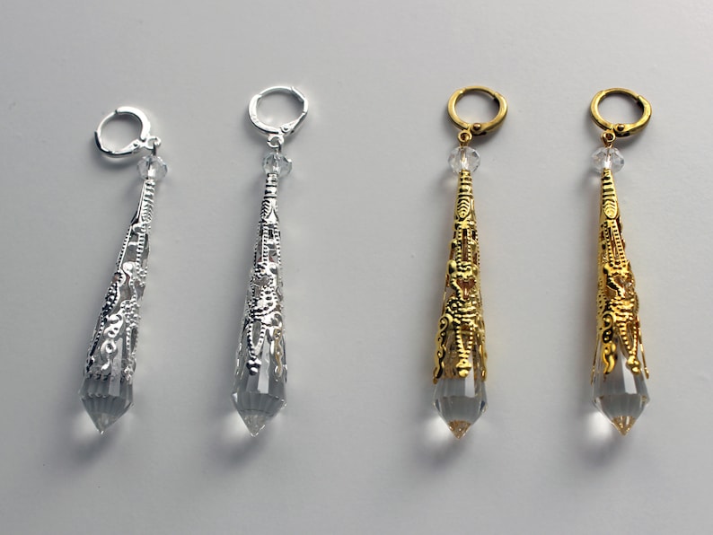 Dangle Crystal Earrings. Clear Cone Crystals. Two Color for Choose Gold ...