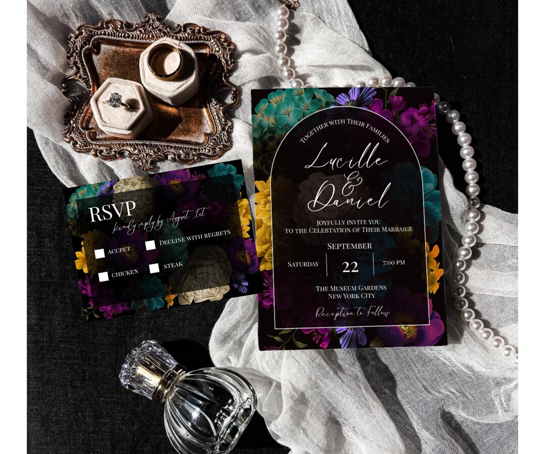 Moody Floral Wedding Invitation Template – Dark Elegant Canva Invite ...