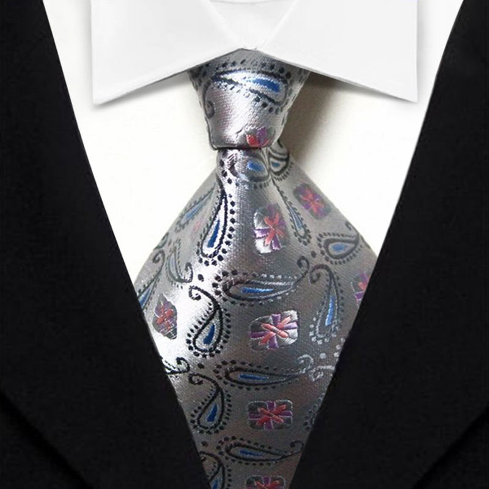 Mens Necktie 100% Silk Metallic-pink-chrome Paisley Baby-blue Modern ...