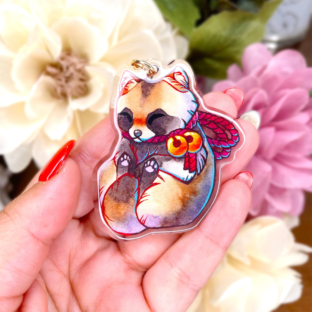 Guardian Tanuki Acrylic Glitter Keychain, Cute Kawaii Japanese Animal ...