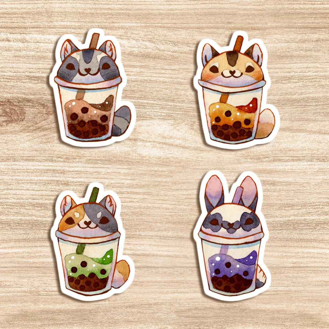 Mini Bubble Tea Animals Vynil Stickers, Raccoon, Fox, Cat and Rabbit ...