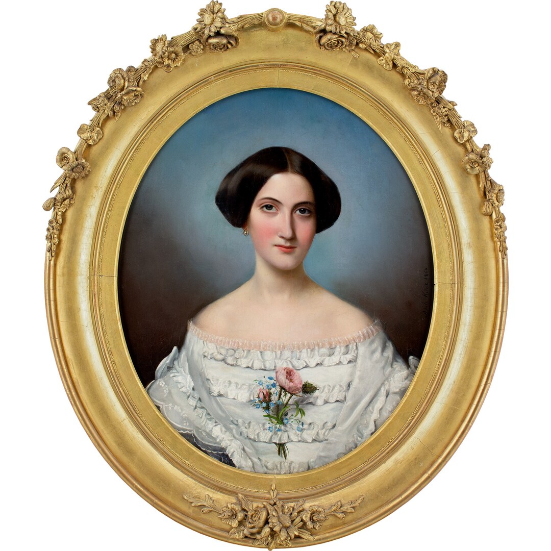 Antique Portrait Painting, Adèle Kindt, Portrait of A Lady With Roses ...