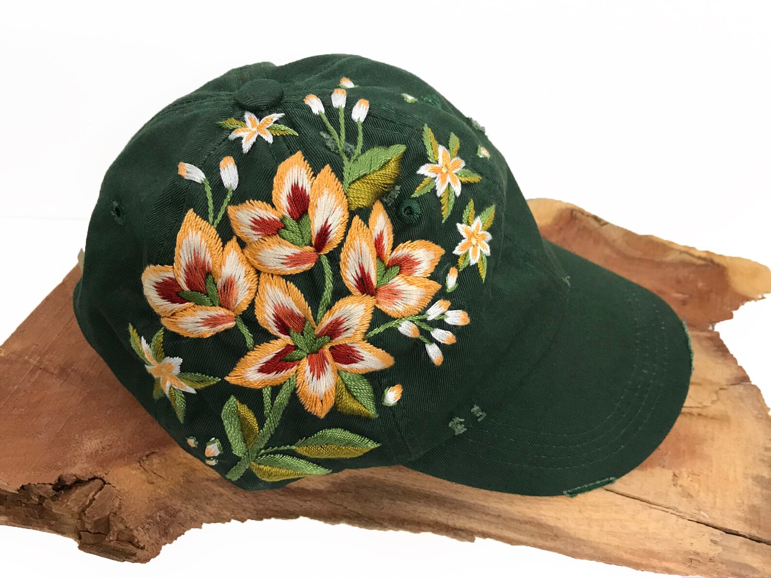 Hand Embroidered Flower Cap - Dark Forest Green Cap - 100% Cotton Cap ...