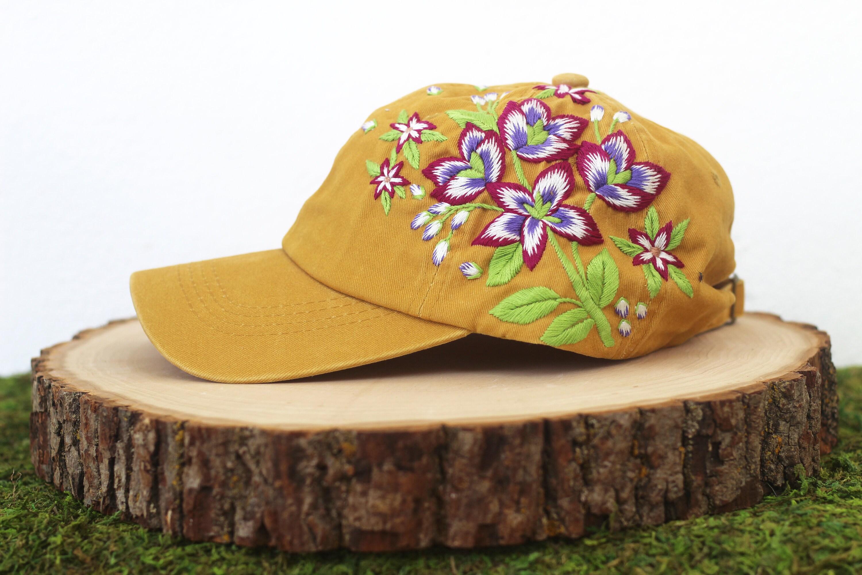 Hand Embroidered Flower Cap - Mustard Yellow Orange Cap - 100% Cotton ...
