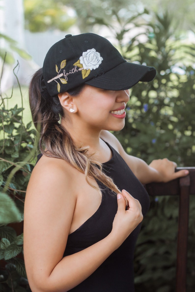 White or Black Rose Handmade Embroidery Cap - Cursive "faith" Stem With ...