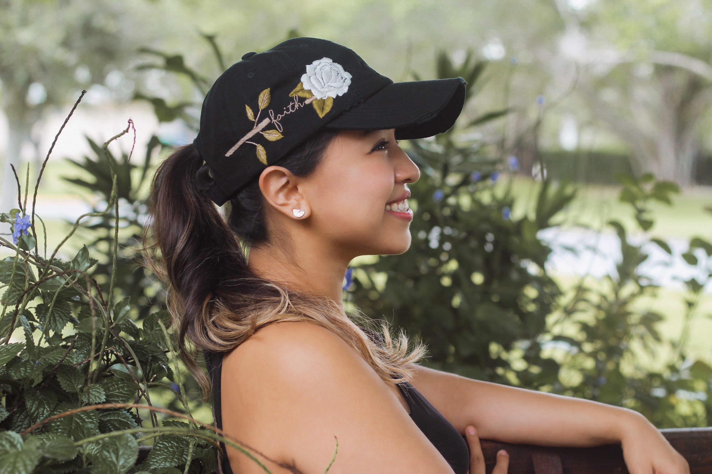 White or Black Rose Handmade Embroidery Cap Cursive faith Stem With ...