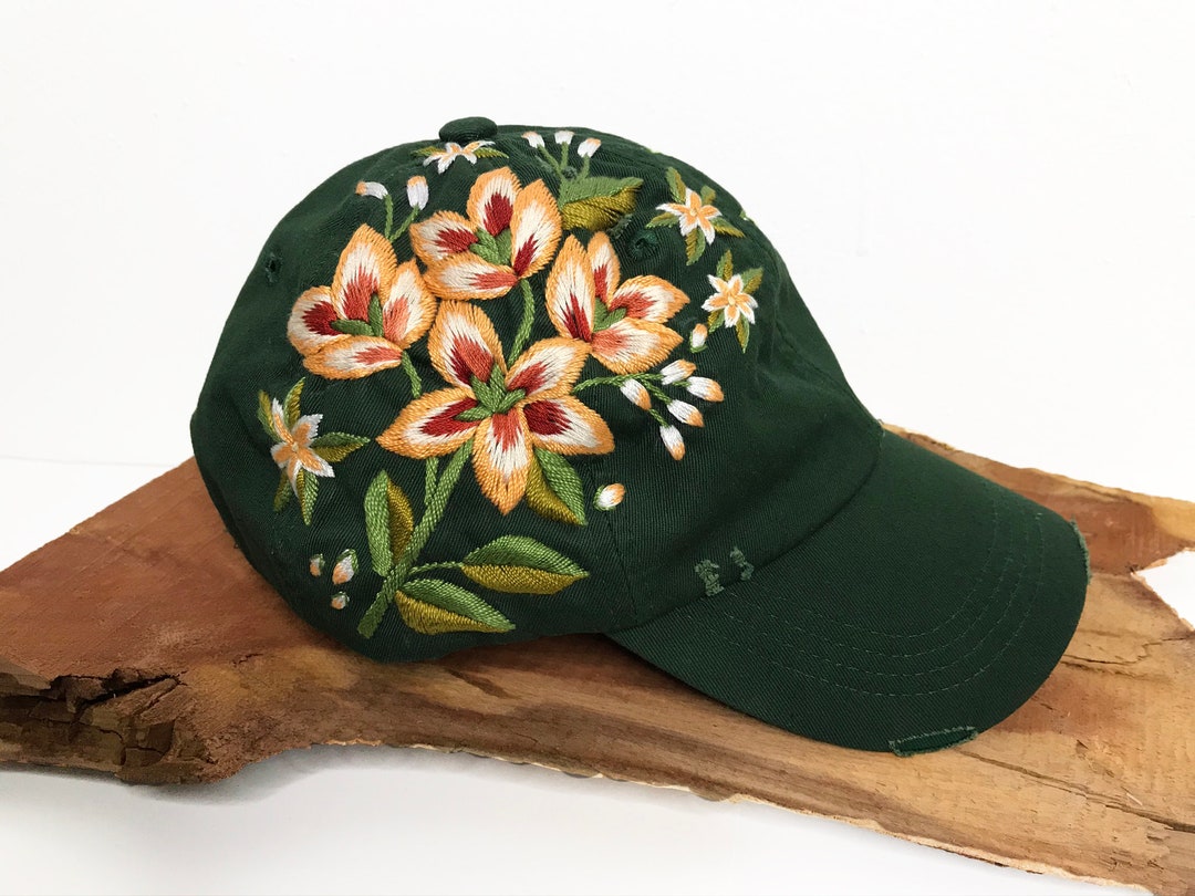Hand Embroidered Flower Cap - Dark Forest Green Cap - 100% Cotton Cap ...