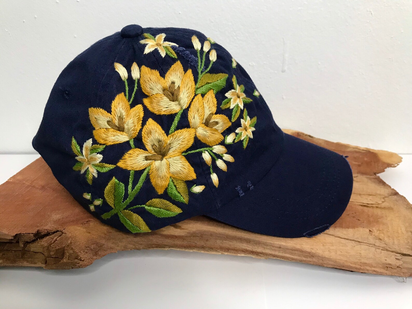 Hand Embroidered Flower Cap - Mid Night Blue Cap - 100% Cotton Cap ...