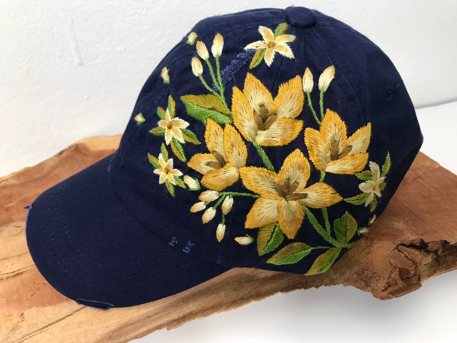 Hand Embroidered Flower Cap - Mid Night Blue Cap - 100% Cotton Cap ...