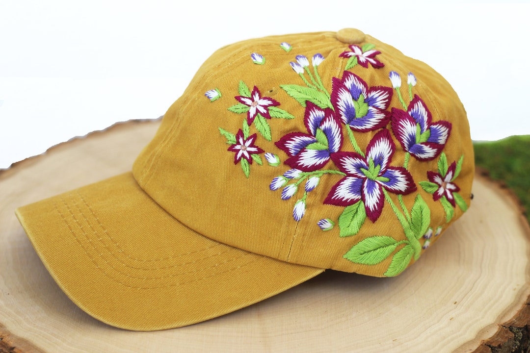 Hand Embroidered Flower Cap - Mustard Yellow Orange Cap - 100% Cotton ...