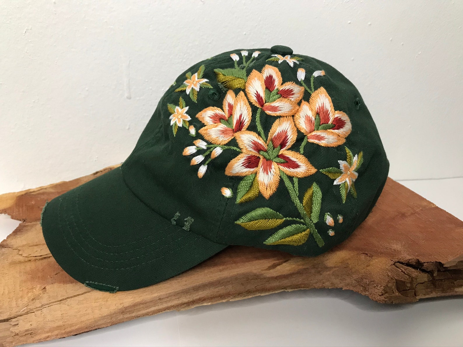Hand Embroidered Flower Cap - Dark Forest Green Cap - 100% Cotton Cap ...