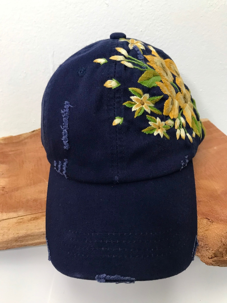 Hand Embroidered Flower Cap - Mid Night Blue Cap - 100% Cotton Cap ...