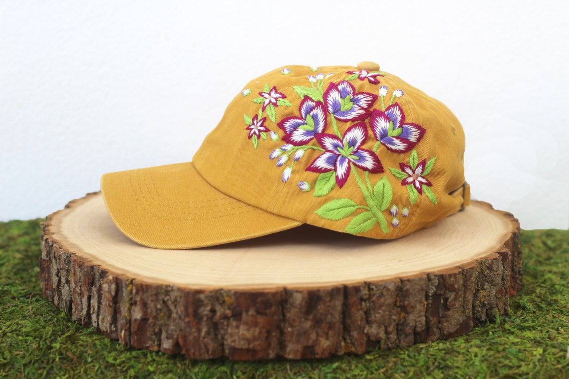 Hand Embroidered Flower Cap - Mustard Yellow Orange Cap - 100% Cotton ...