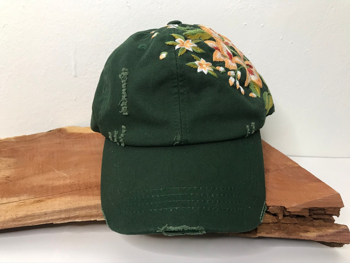 Hand Embroidered Flower Cap - Dark Forest Green Cap - 100% Cotton Cap ...