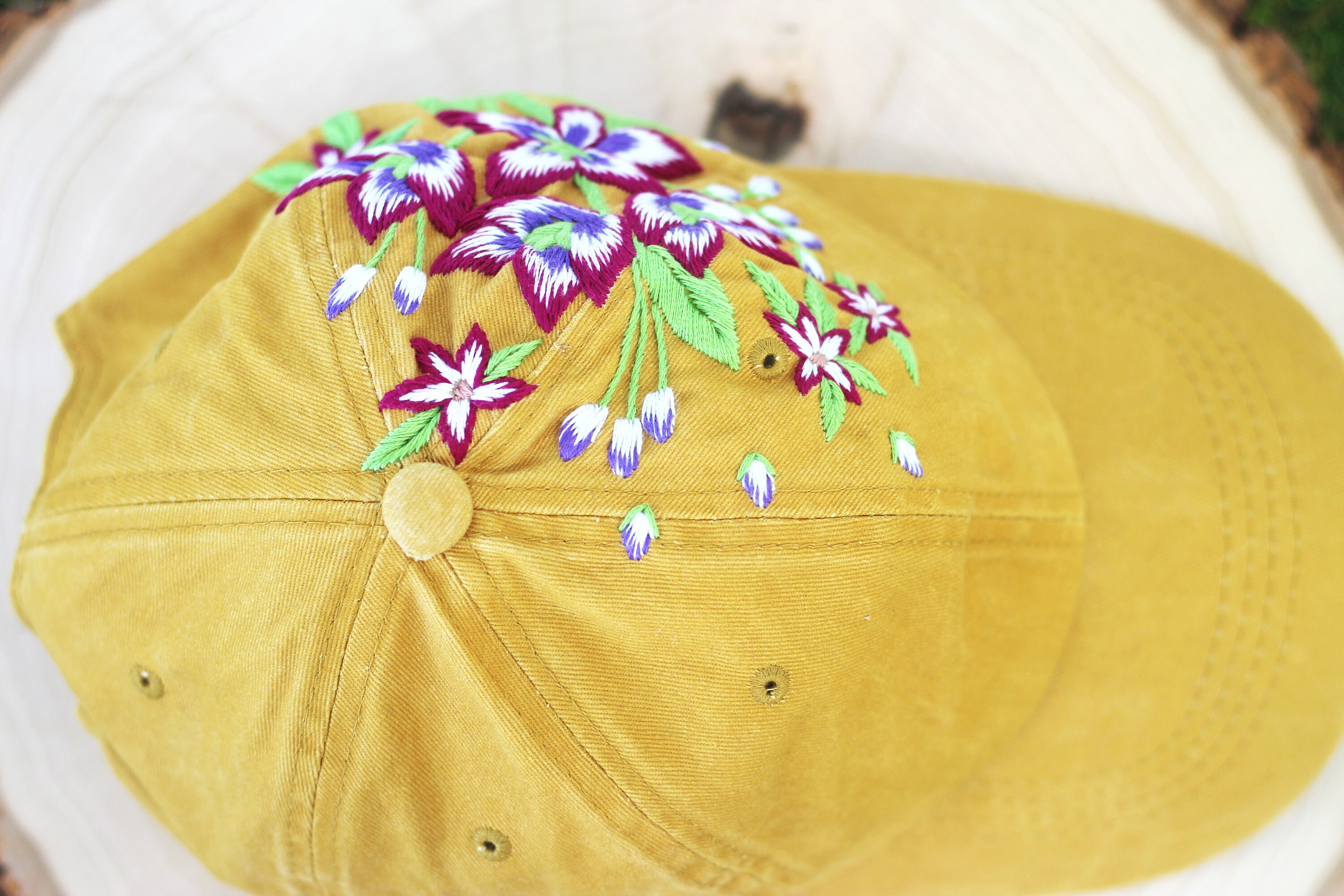 Hand Embroidered Flower Cap - Mustard Yellow Orange Cap - 100% Cotton ...