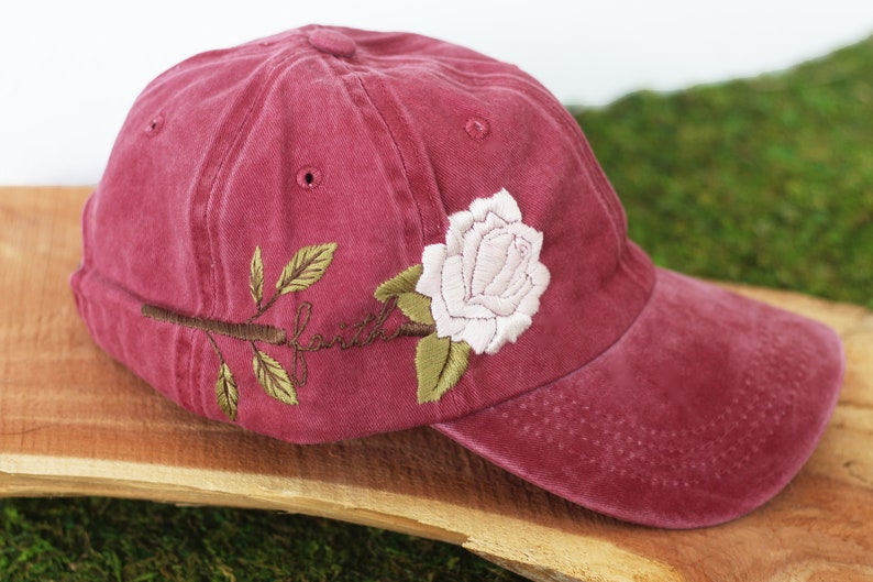 White or Black Rose Handmade Embroidery Cap - Cursive "faith" Stem With ...