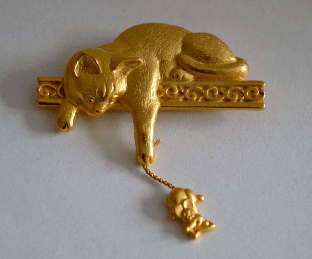 1990s Vintage Cat and Mouse Gold Pin - Etsy