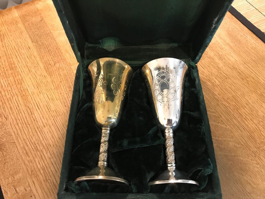 Vintage Silver-plated Goblets (2) • Hand Engraved • Velvet Box - Etsy