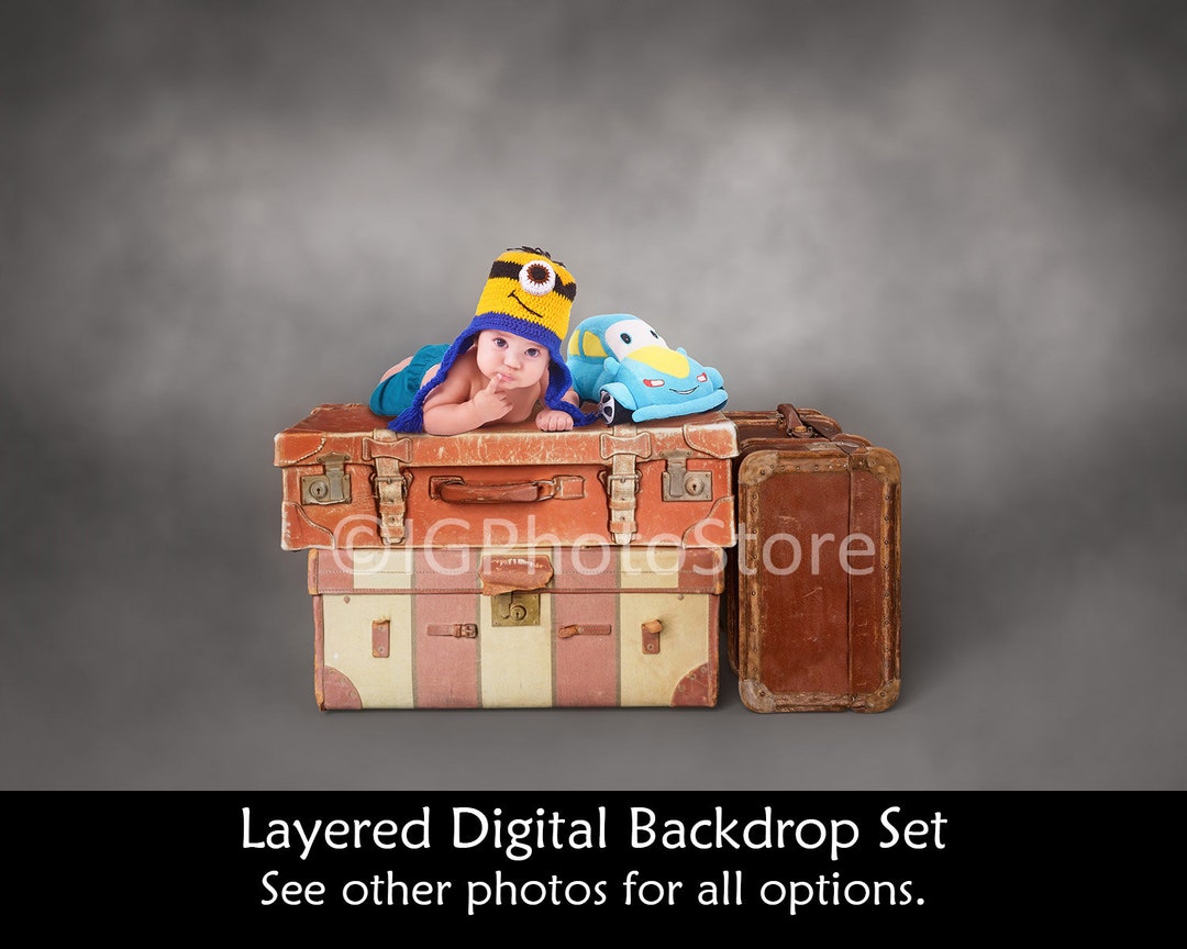 Old Suitcases Layered Digital Backdrop Set, Vintage Suitcase Background ...