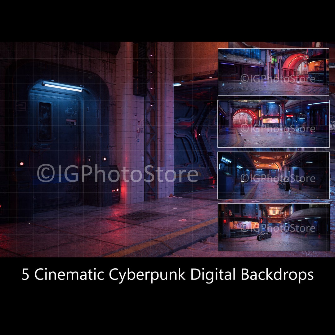 Cinematic Cyberpunk Digital Backdrops, Grungy Dystopian City Street at ...