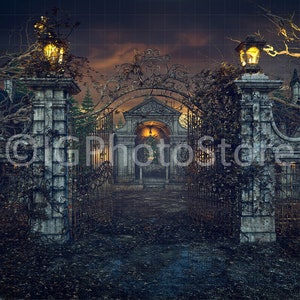 Creepy Cemetery Gates Halloween Digital Backdrop, Haunted Graveyard ...