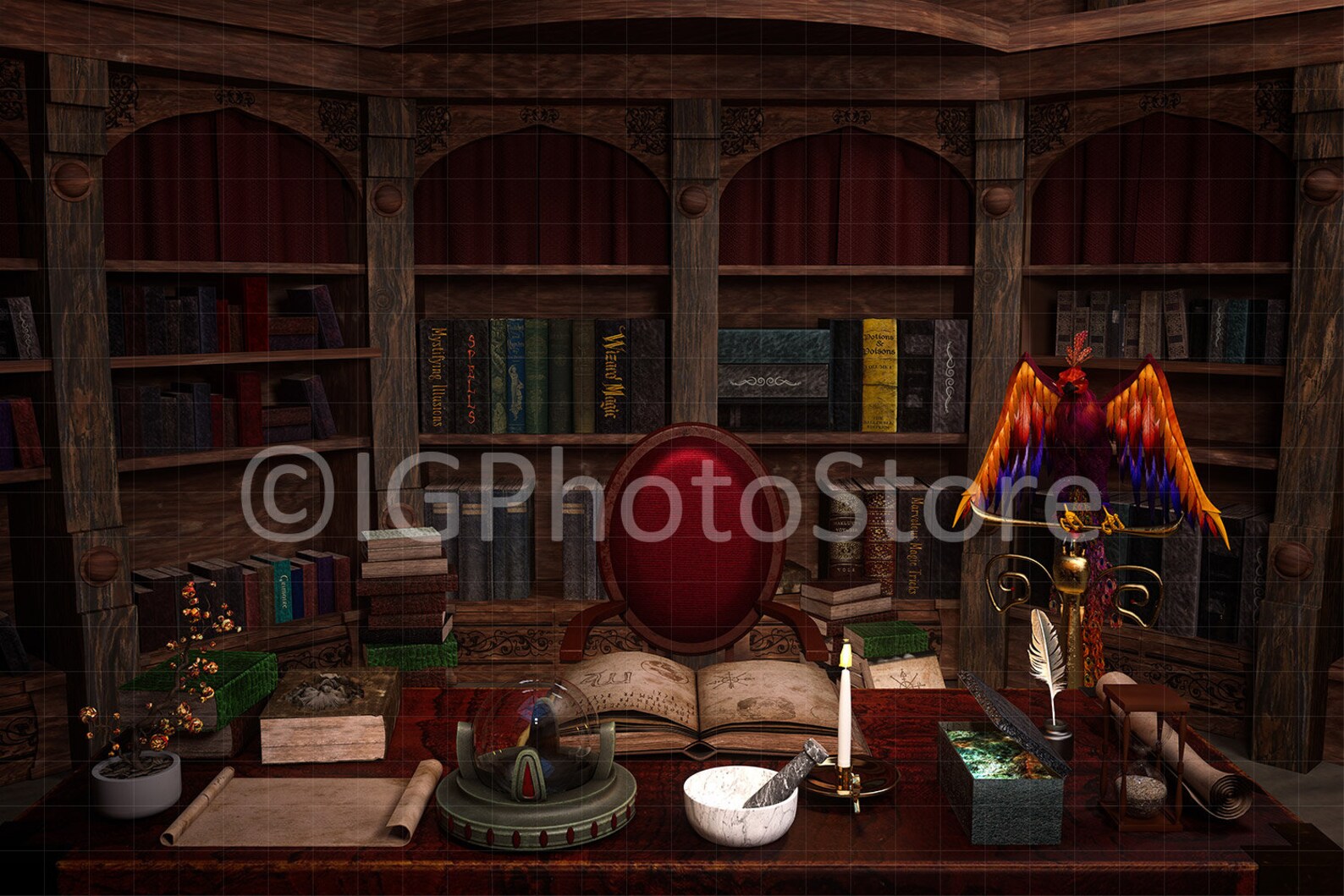 Wizard Office Digital Backdrop, Wizard Desk With Phoenix and Magic ...