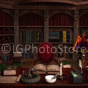 Wizard Office Digital Backdrop, Wizard Desk With Phoenix and Magic ...