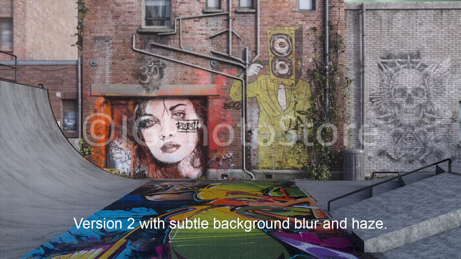 Skateboard Park Digital Background, Skate Park Backdrop With Graffiti ...