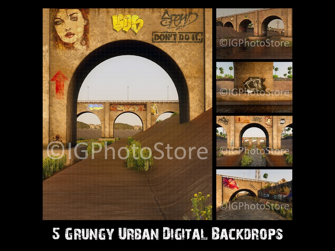 5 Urban Graffiti Digital Backdrops, Grungy Canal Digital Backgrounds ...