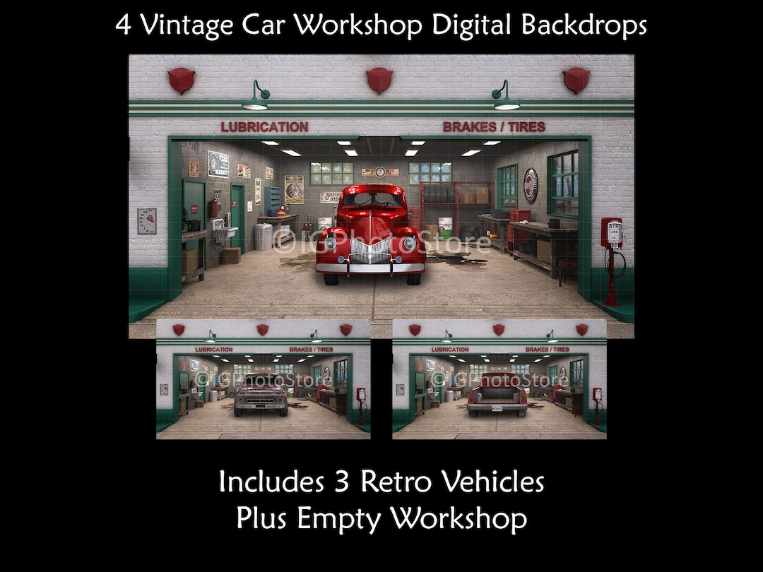 Retro Car Workshop Digital Backdrops, Vintage Service Station Auto Shop ...