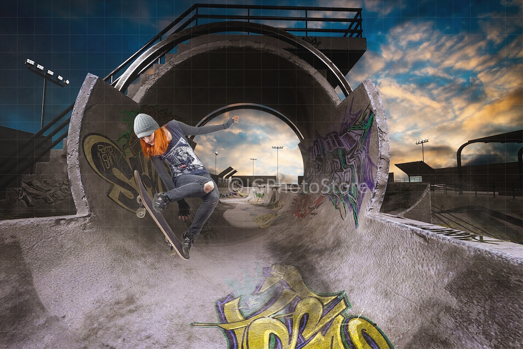 Skateboard Park Digital Backdrop, Skate Park Pipe Background With ...