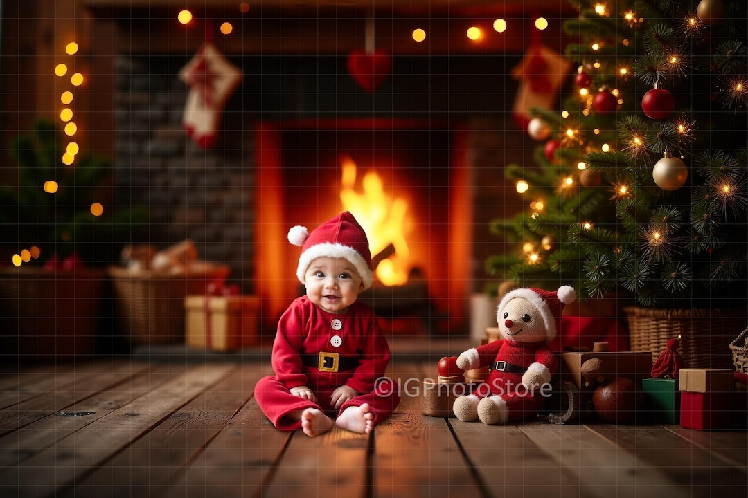 Fireside Christmas Digital Backdrop for Kids Photos, Rustic Festive ...