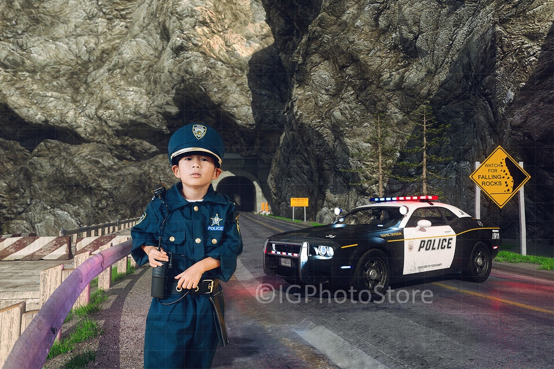 Police Car on Mountain Road Digital Background, Cop Car Road Block ...