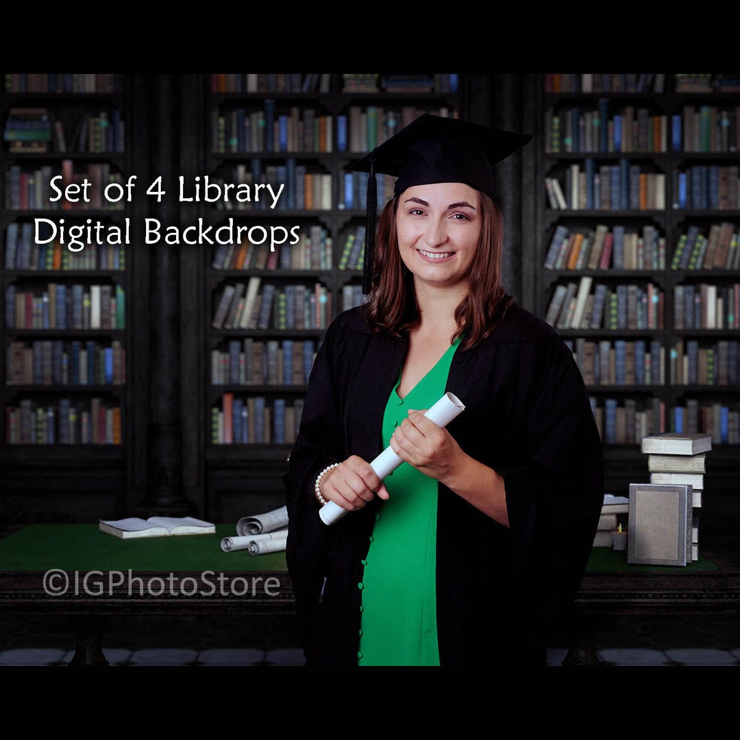 Library Digital Backdrop for Graduation Photos, Vintage Desk, Book Case ...