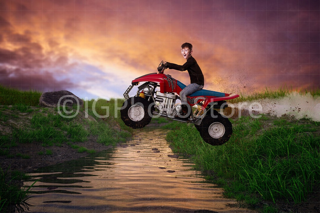 Flying Motorcycle Digital Backdrop, Quad Bike Jump Digital Background ...
